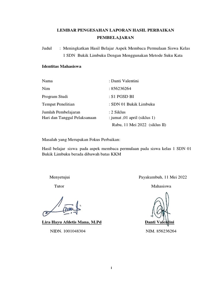 Lembar Pengesahan Laporan Hasil Perbaikan Pembelajaran | PDF
