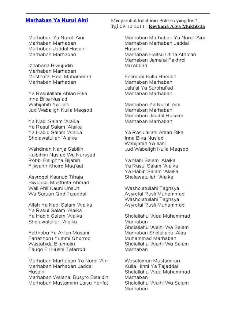 Marhaban-Ya-Nurul-Aini - Compress Baru | PDF | Islamic Belief And Doctrine