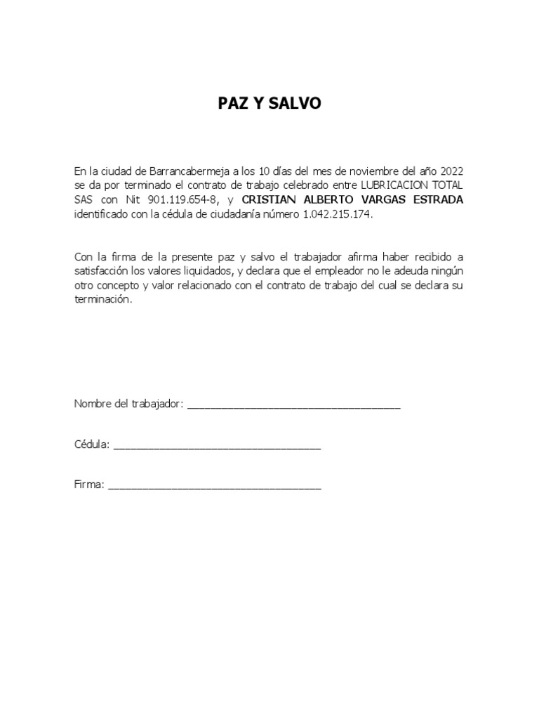 PAZ Y SALVO Laboral | PDF