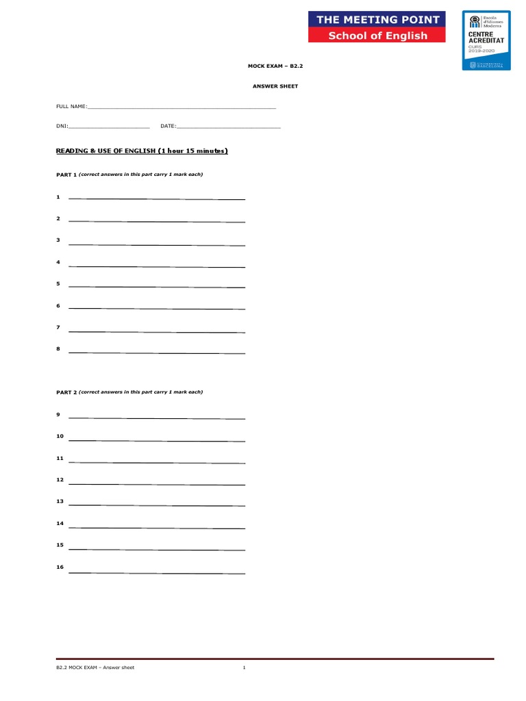 B2.2 MOCK EXAM READING ANSWER SHEET.docx | PDF