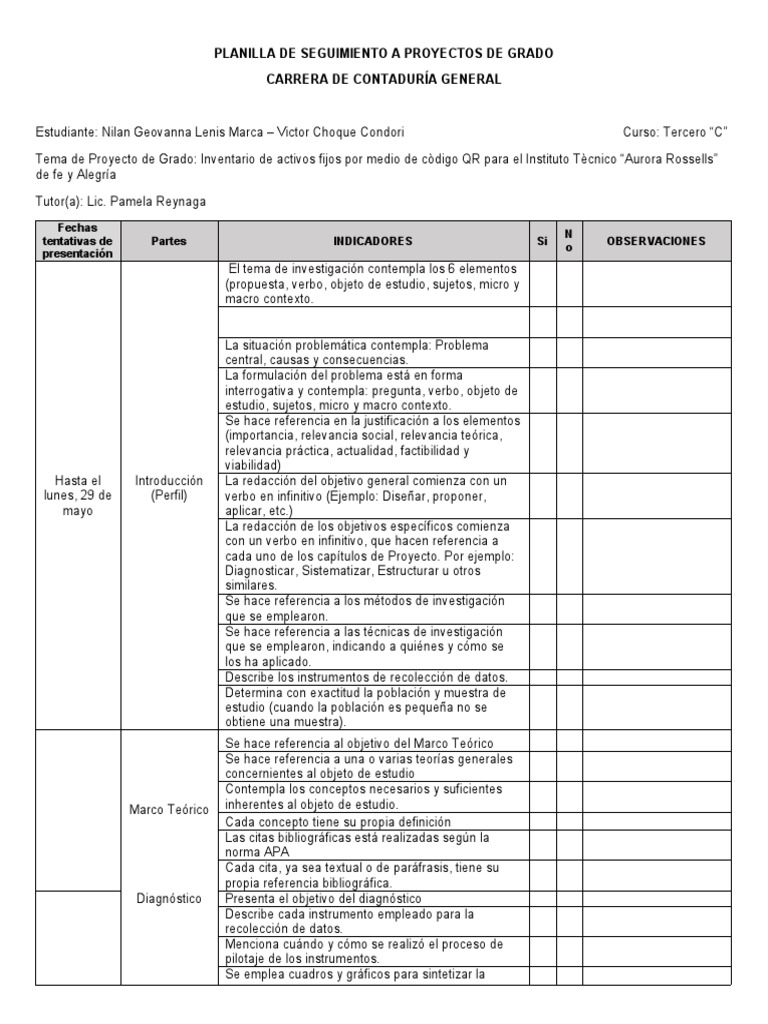 Planilla de Seguimiento de Proyecto de Grado | PDF | Teoría