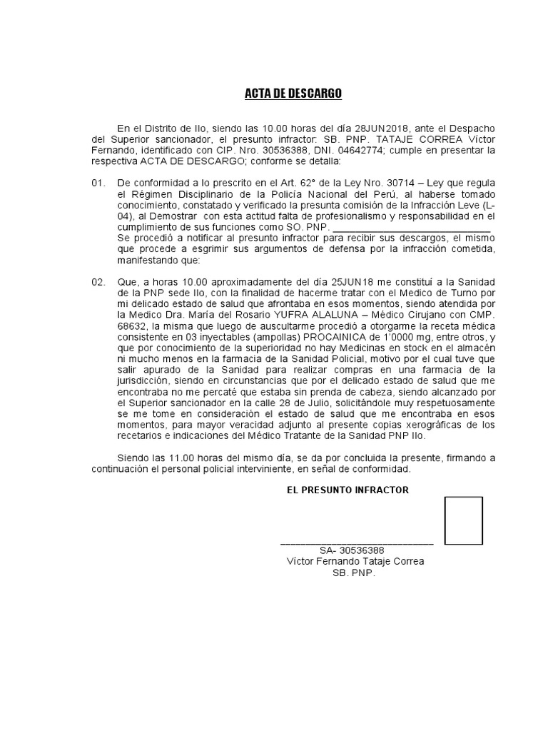 ACTA DE DESCARGO 2018 Ley 30714 | PDF