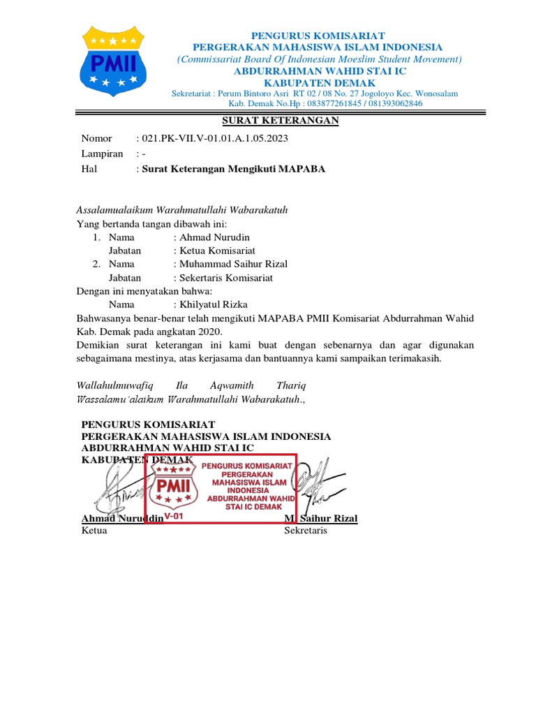 Surat Keterangan Peserta MAPABA PMII | PDF