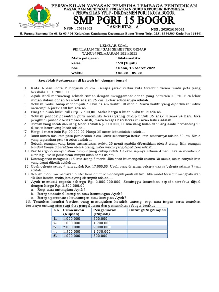 Soal PTS Genap Matematika Kelas 7 | PDF