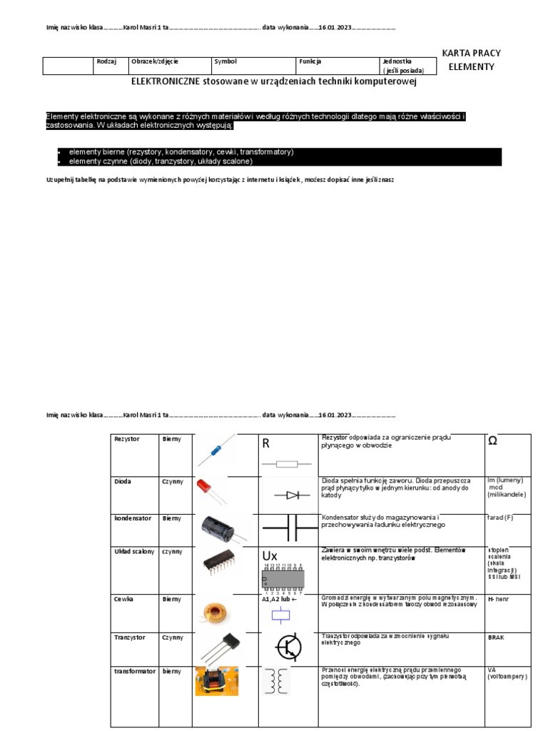 Karta Pracy Elementy Elektroniczne | PDF