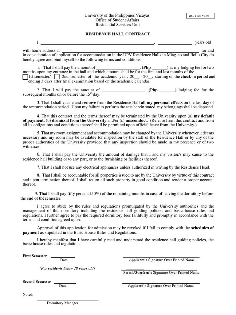 RSU Form No. 3 - Dorm Contract | PDF | Dormitory | Justice