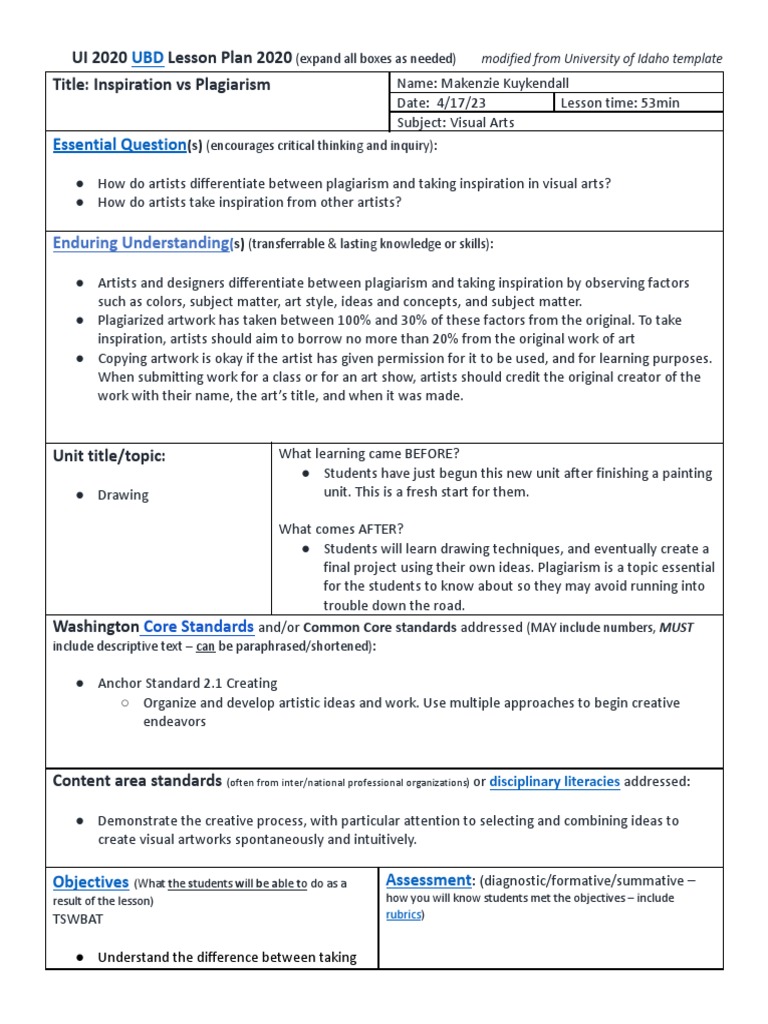 Inspiration Vs Plagiarism High School Lesson Plan | PDF