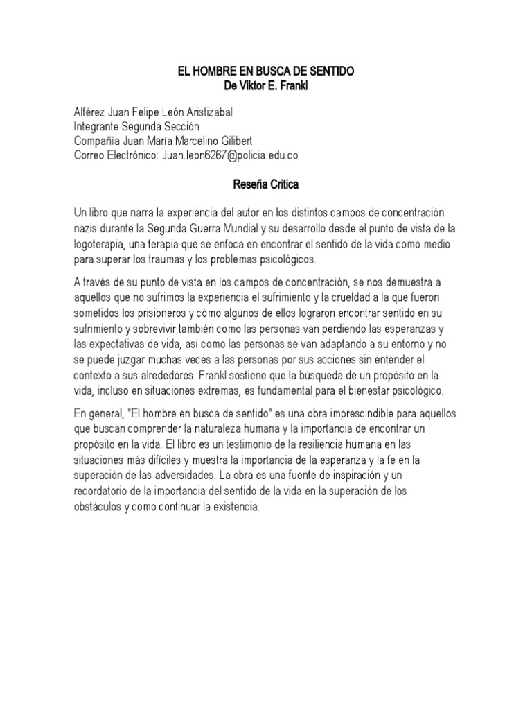 Reseña Critica. del libro el hombre en busca de sentido | PDF Reseña Critica. del libro el hombre en busca de sentido | PDF