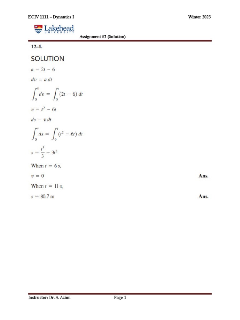ECIV 1111 Dynamics I Assignment 2 Solution | PDF | Teaching Methods & Materials | Science ...