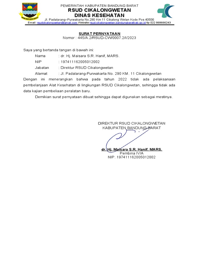 Surat Pernyataan Tidak Ada Pembelian Alkes | PDF