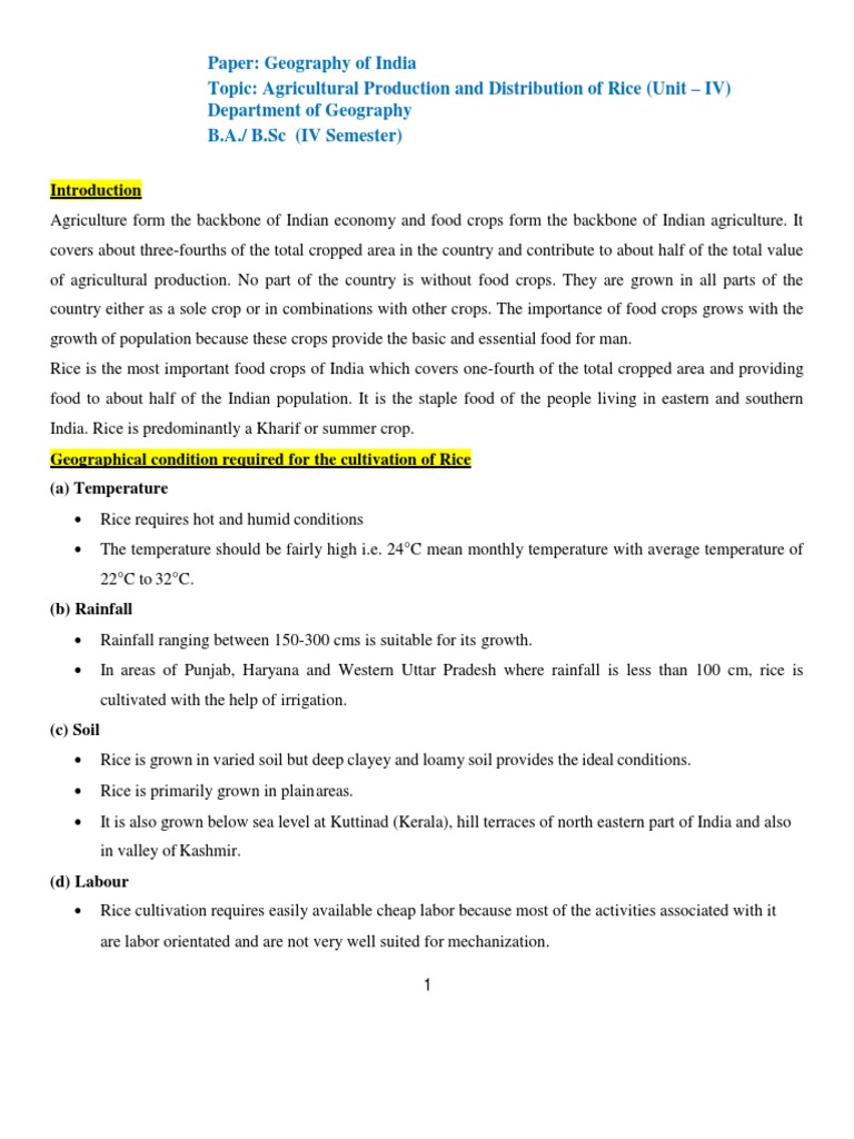 Paper: Geography of India Topic: Agricultural Production and ...