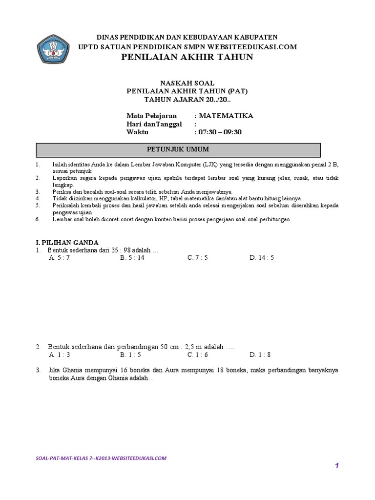 Soal PAT Kelas VII - MTK | PDF