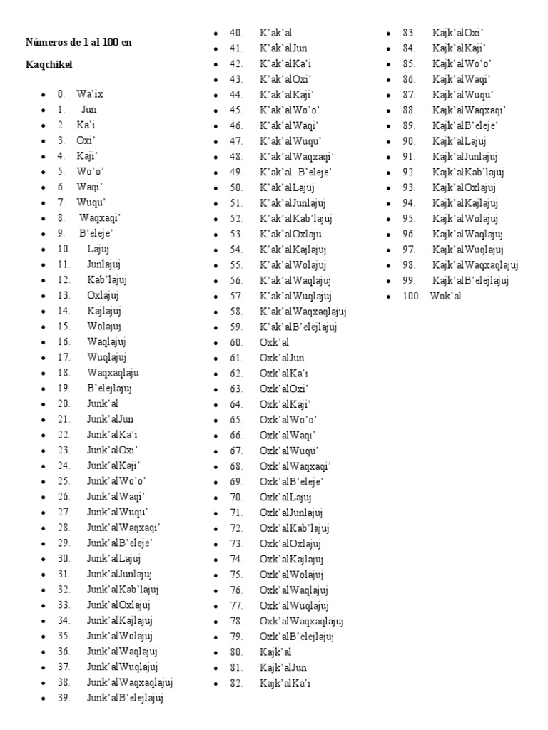 Números de 1 Al 100 en Kaqchikel | PDF