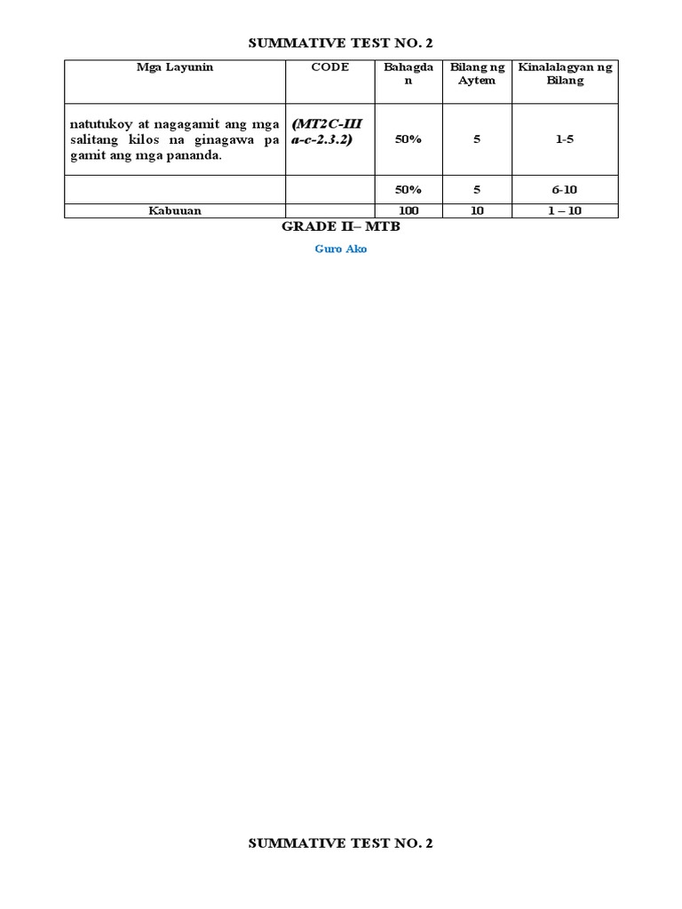 MTB - G2 - Q3 - SumTest #2 | PDF