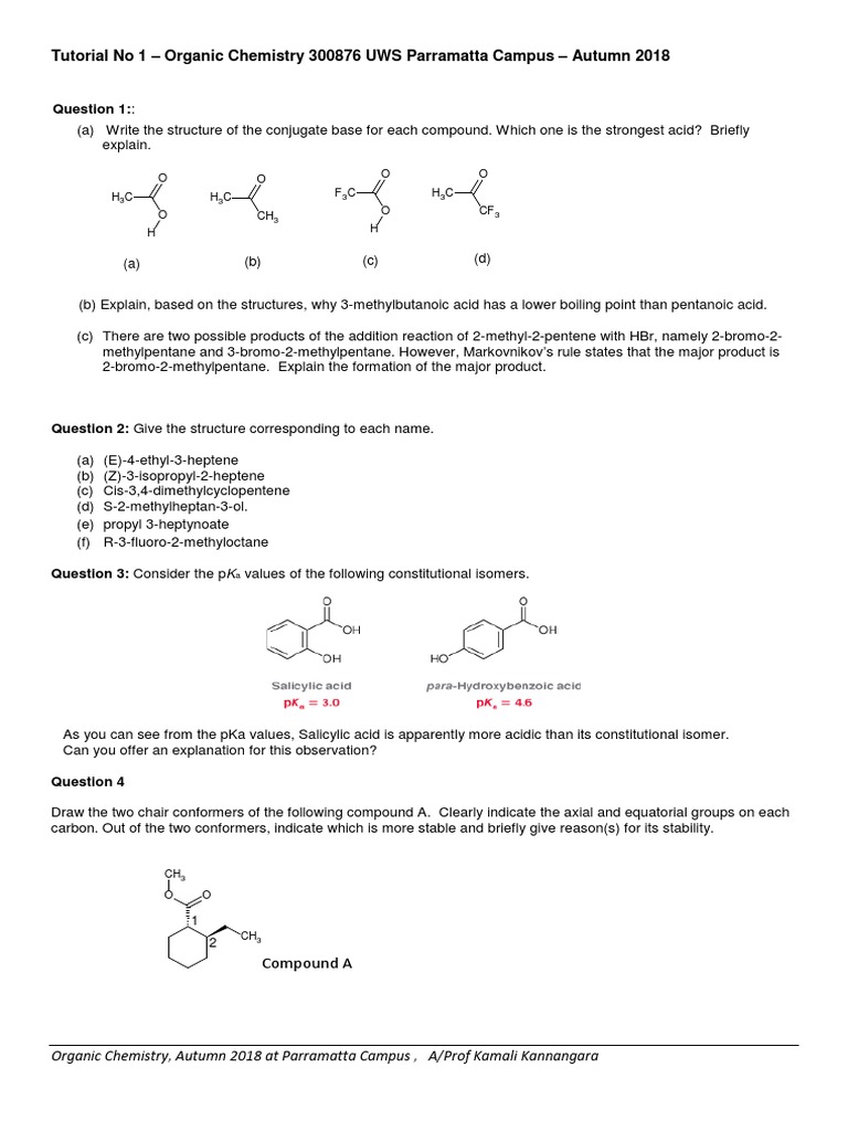 Tutorial 1 Week 3 Organic Chem | PDF | Methyl Group | Organic Chemistry