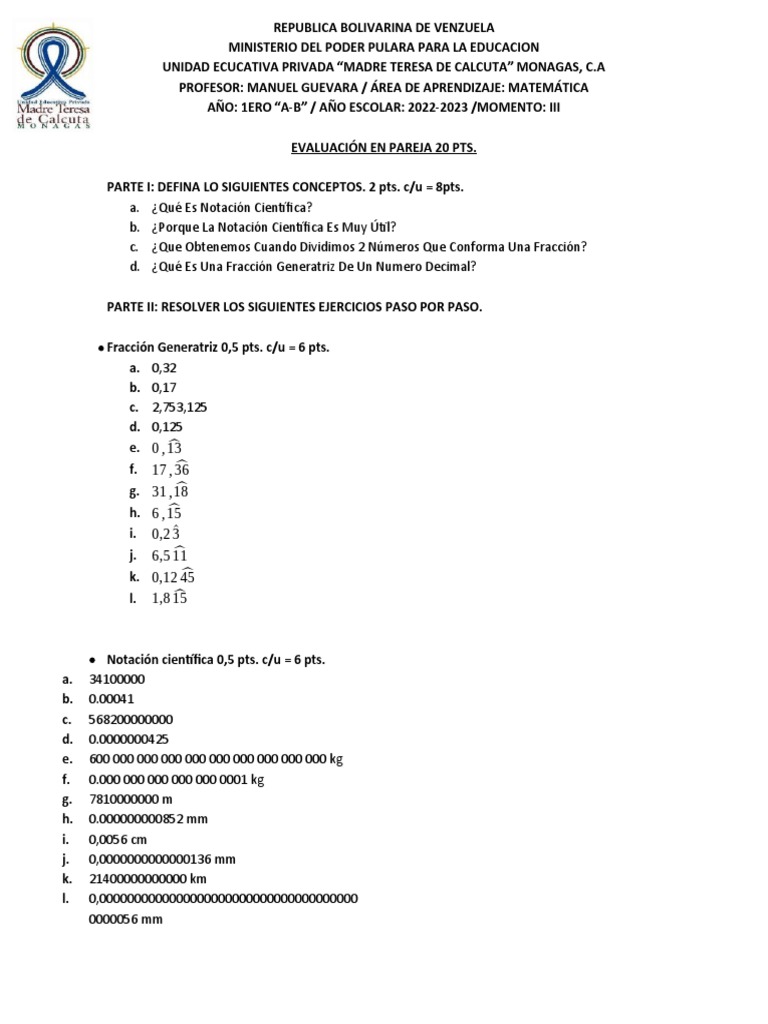 Examen de Matematica 3er Momento Unidad 1 MTC | PDF