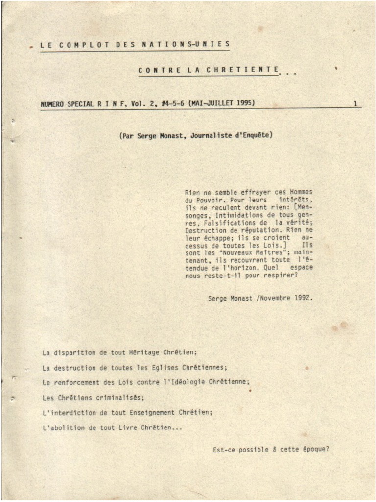Monast Serge Le Complot Des Nations Unies Contre La Chrc3a9tientc3a9 | PDF