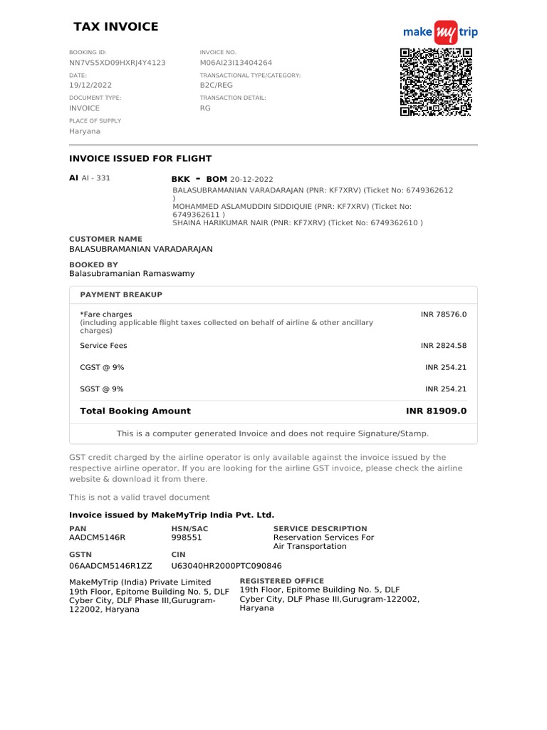 Tax Invoice for Flight Booking | PDF | Invoice | Taxes