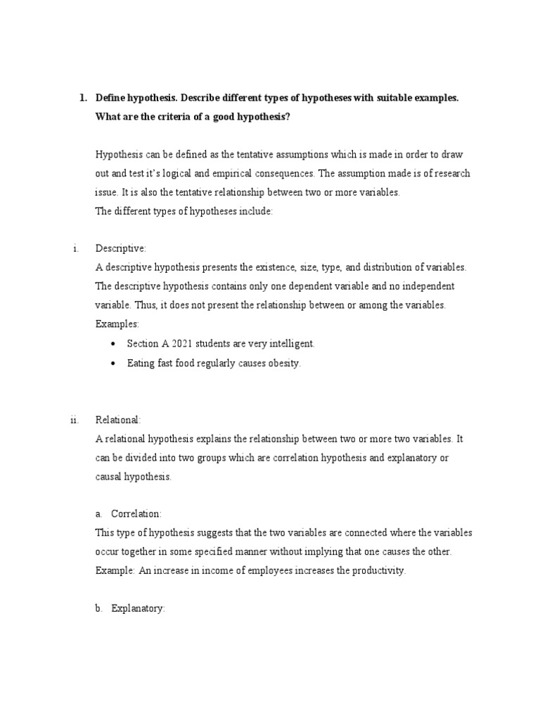Define Hypothesis. Describe Different Types of Hypotheses With Suitable ...