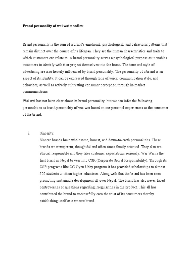Wai Wai Noodles Brand Personality Analysis | PDF | Brand | Corporate ...