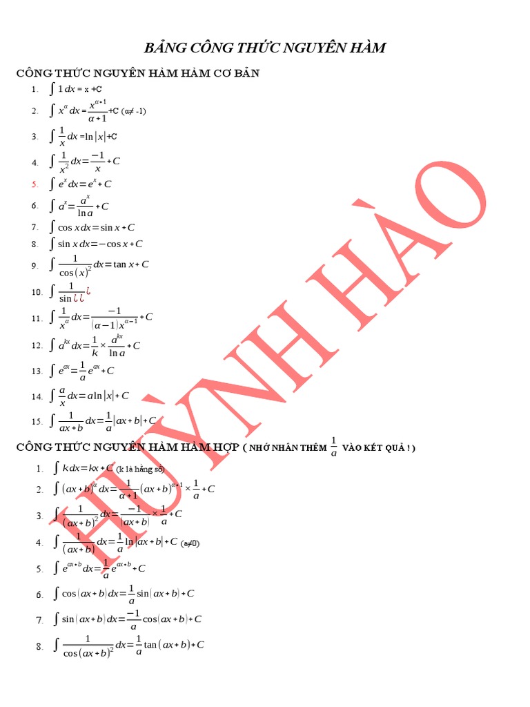 B NG Công TH C Nguyên Hàm | PDF