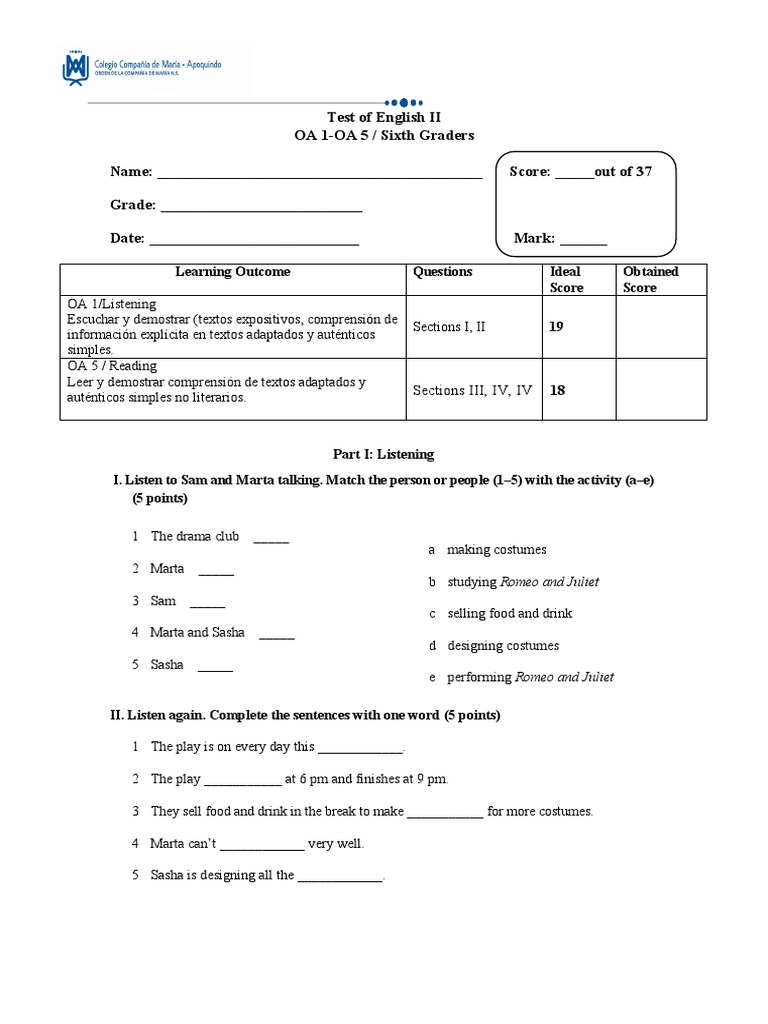 Sixth Graders - Test of English II | PDF