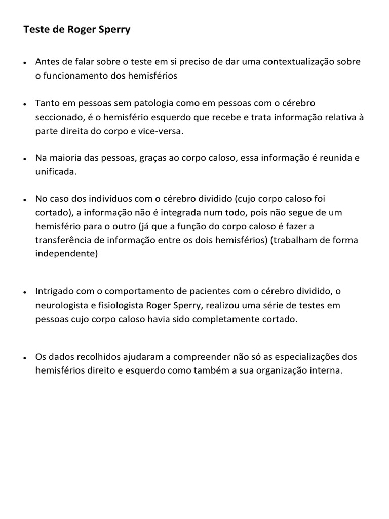 Teste de Roger Sperry | PDF | Cérebro | Informação