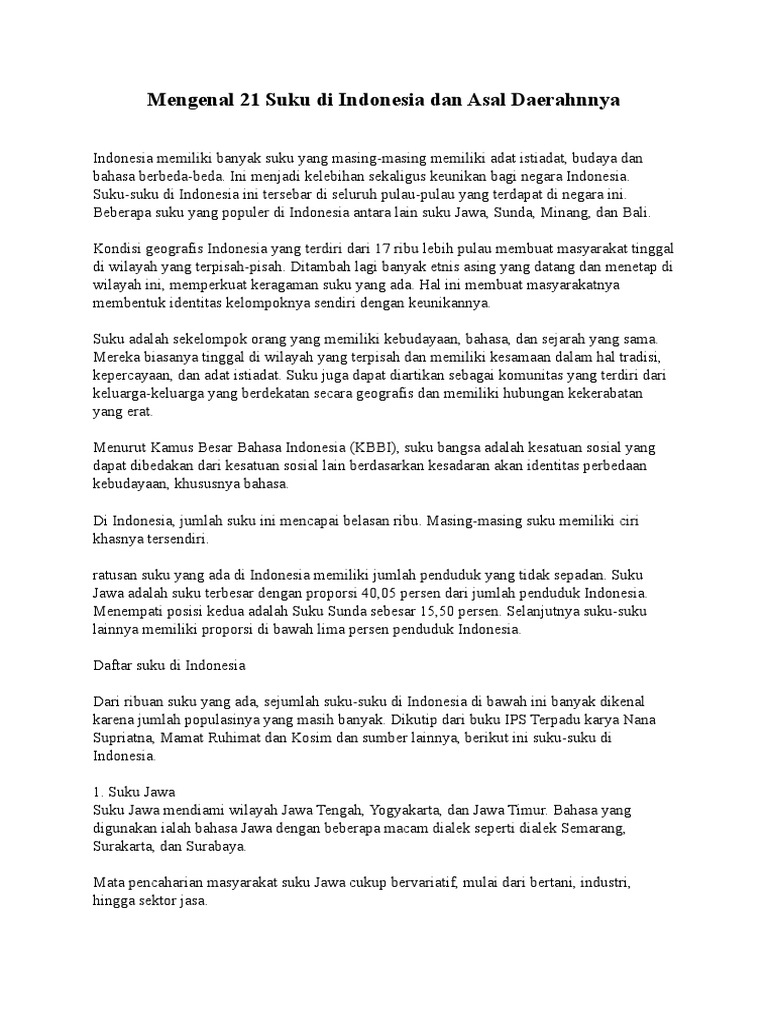 Mengenal 21 Suku Di Indonesia Dan Asal Daerahnnya | PDF