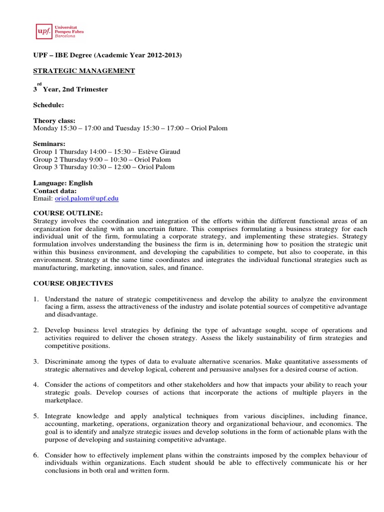 Syllabus IBE Strategic Management UPF English | PDF | Strategic ...