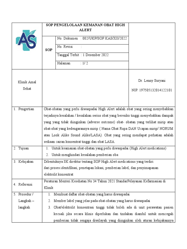 481.4 (Sop Pengelolaan Keamanan Obat High Alert) | PDF