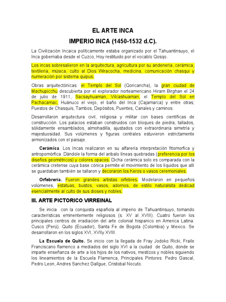 El arte incaico y la pintura colonial en el imperio inca | PDF ...