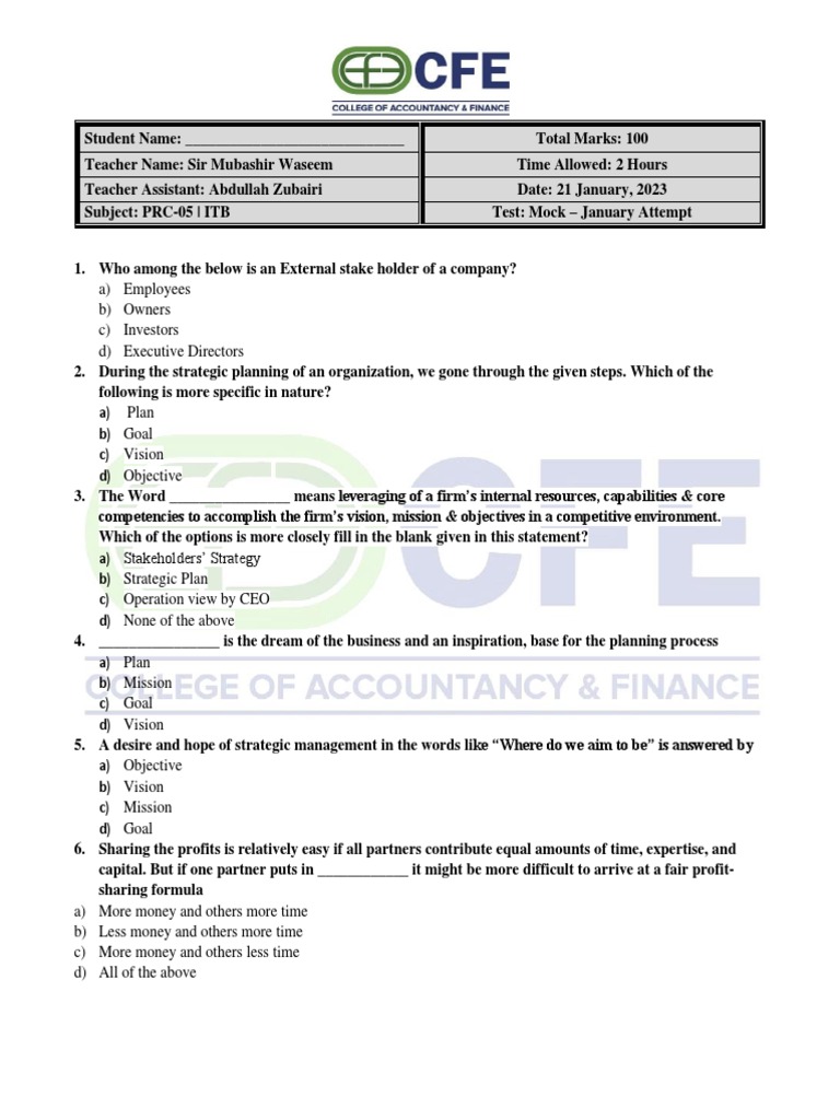 PRC - 05 ITB Mock JAN-23 | Download Free PDF | Information System | Sales