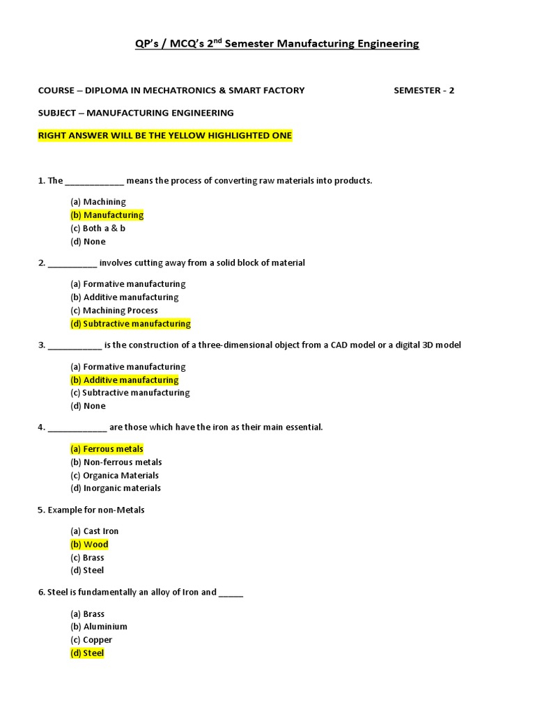 QP's-MANUFACTURING ENGINEERING MCQ's - CP15 2ND SEMESTER | PDF ...
