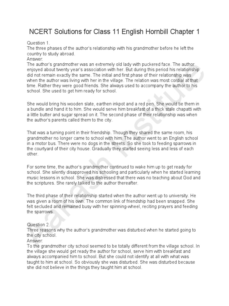 NCERT Solutions For Class 11 English Hornbill Chapter 1 | PDF