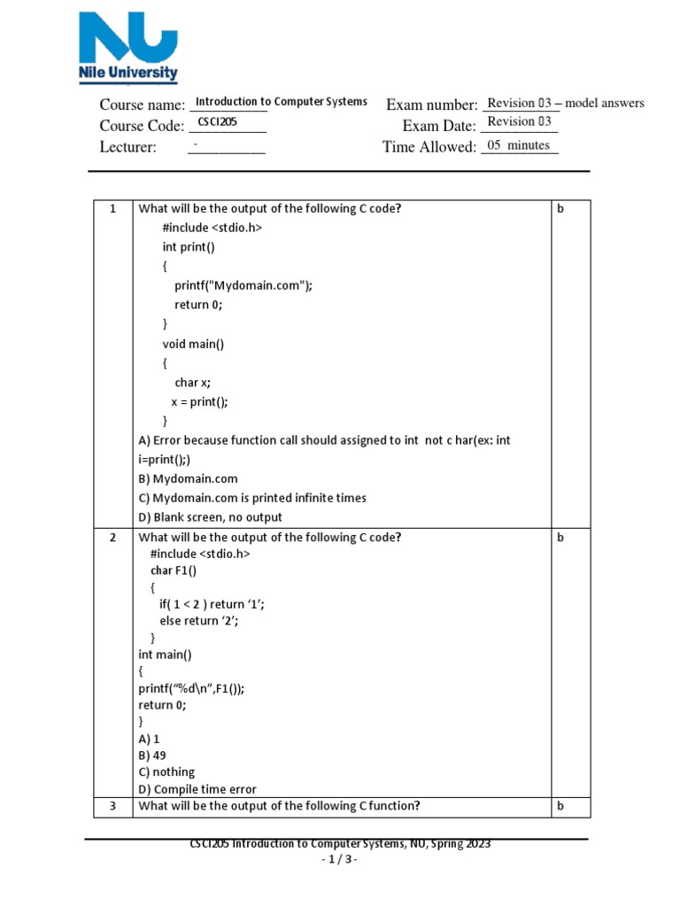 CSCI205 Introduction To Computer Systems - Revision 03 - Answers | PDF | Control Flow | Computer ...