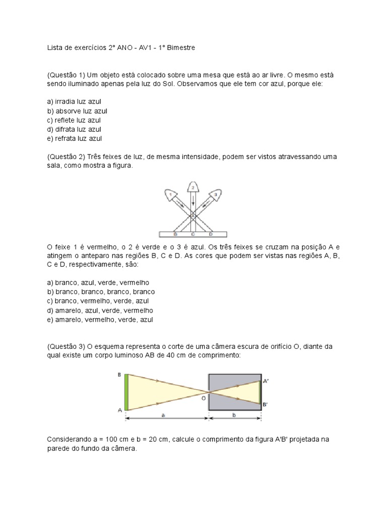 _Lista de exercícios 2° ANO - AV1 - 1° Bimestre | PDF