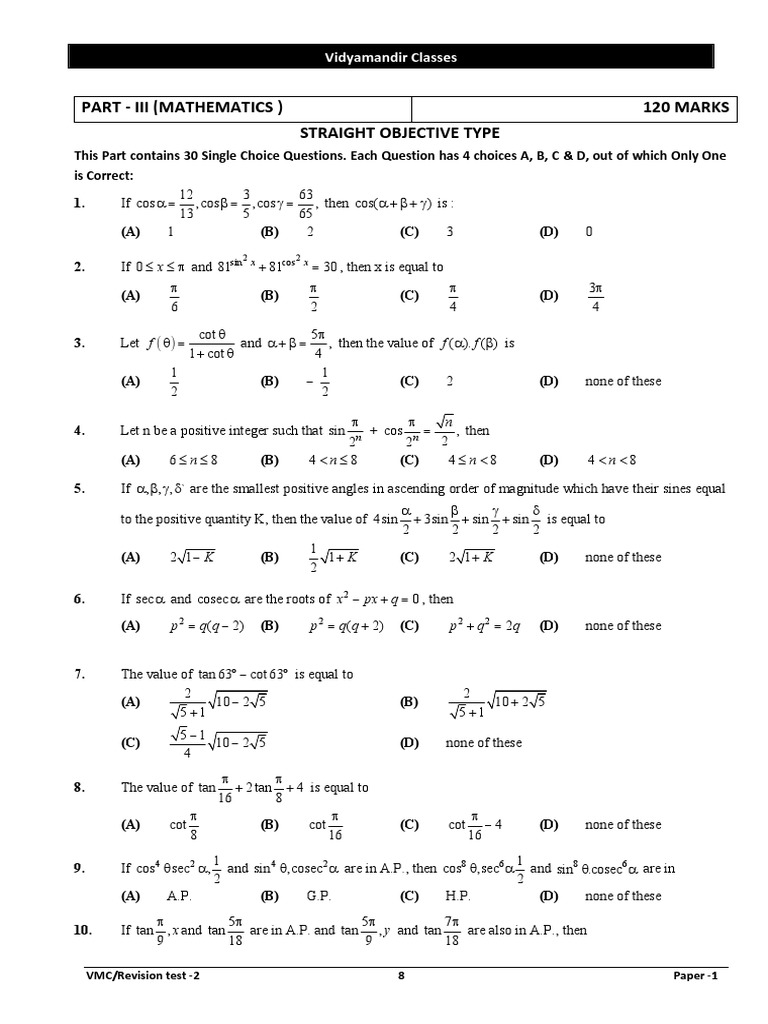 Mathematics Revision Test | PDF | Mathematics | Functions And Mappings