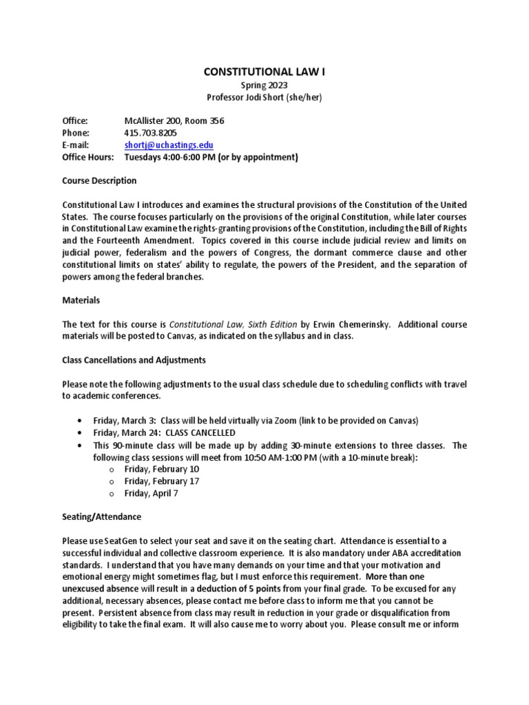 CONSTITUTIONAL LAW I - Revised SYLLABUS - SP 2023 - 03-11-2023 ... CONSTITUTIONAL LAW I - Revised SYLLABUS - SP 2023 - 03-11-2023 ...