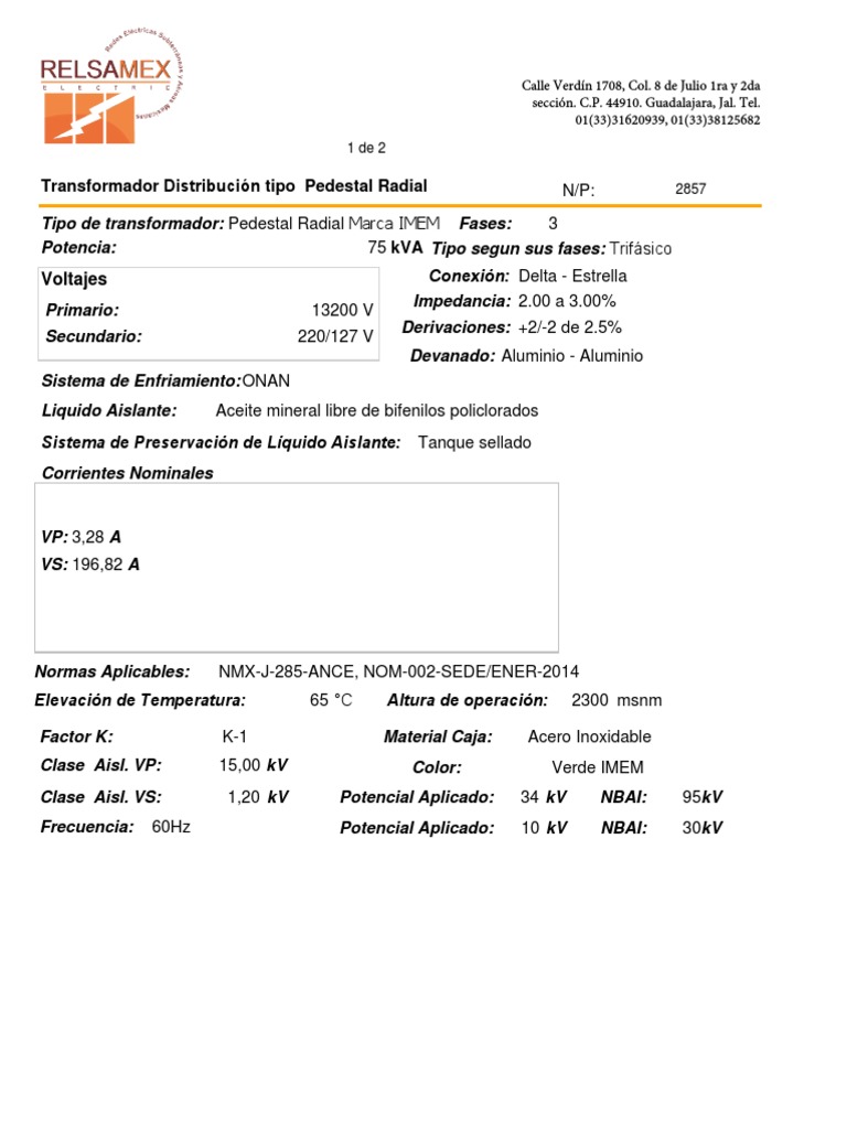 TF Imem-75-Kva-Relsamex | PDF | Transformador | Ingenieria Eléctrica