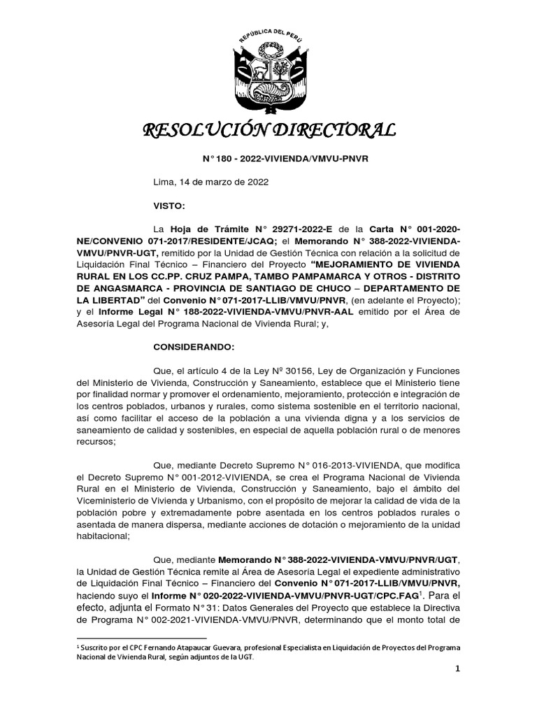 RD 180-2022-Liquidacion Final-Convenio N 071-2017-LA LIBERTADRRR | PDF | Hogar, jardinería y ...