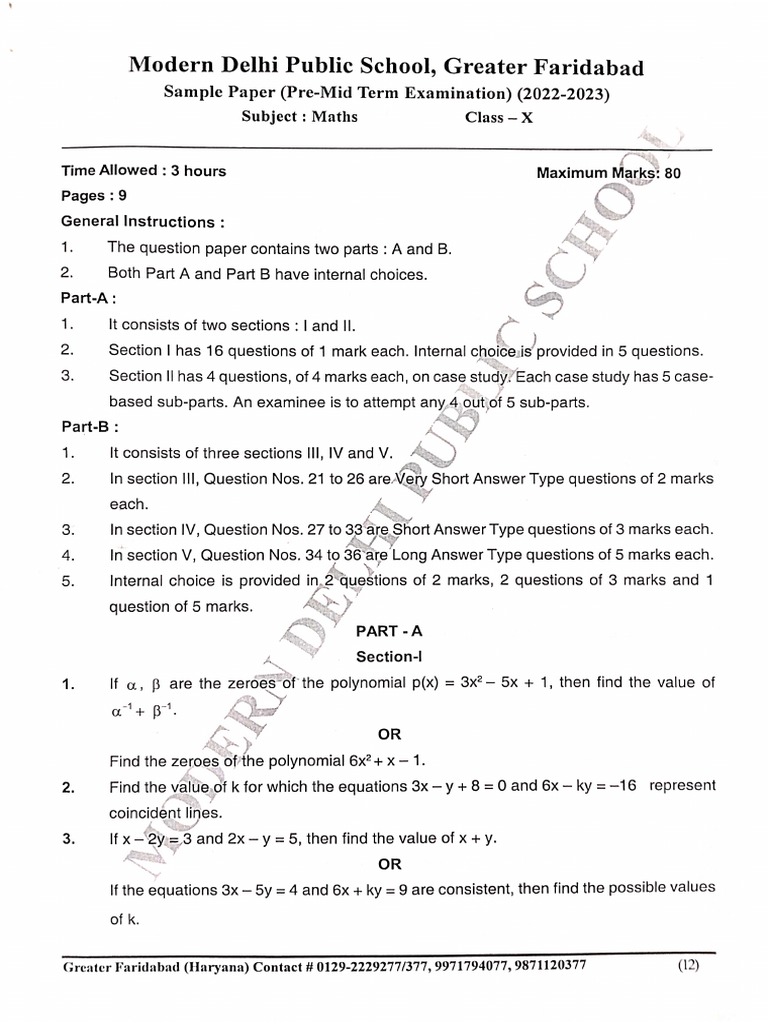 Sample Paper X (With Key) PDF | PDF