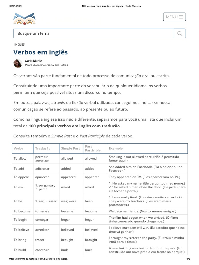 100 Verbos Mais Usados Em Inglês Toda Matéria Pdf Língua Inglesa