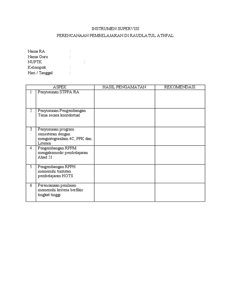 Instrumen Supervisi Pembelajaran Ra | PDF | Seni