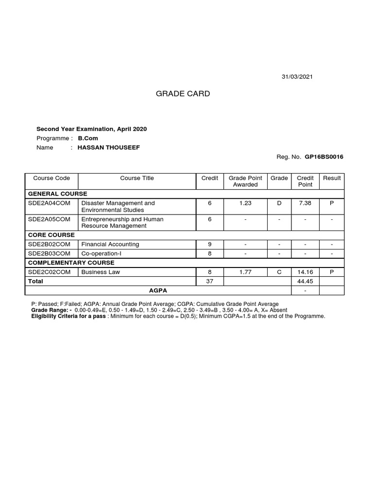 Grade Card: General Course | PDF