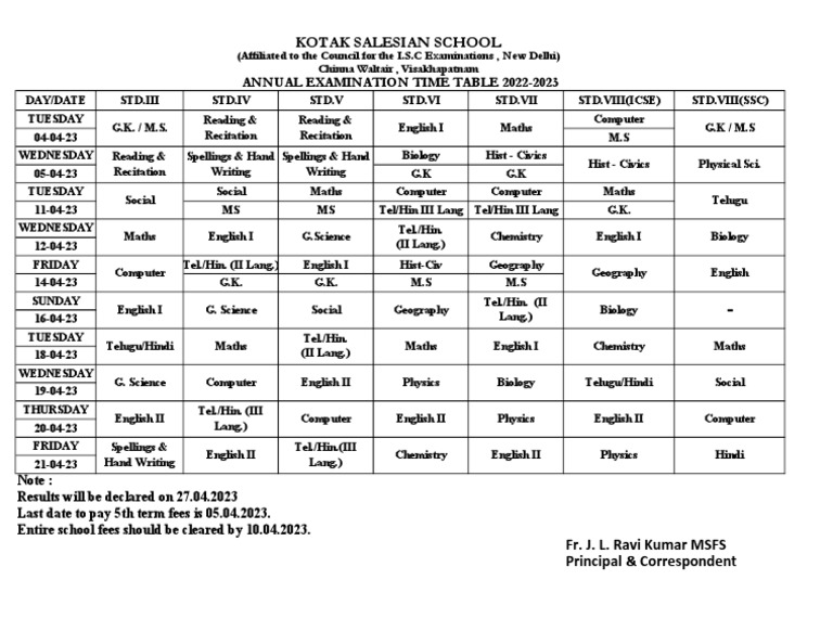 Annual Exam Timetable 2022-2023 | PDF | Observation | Science