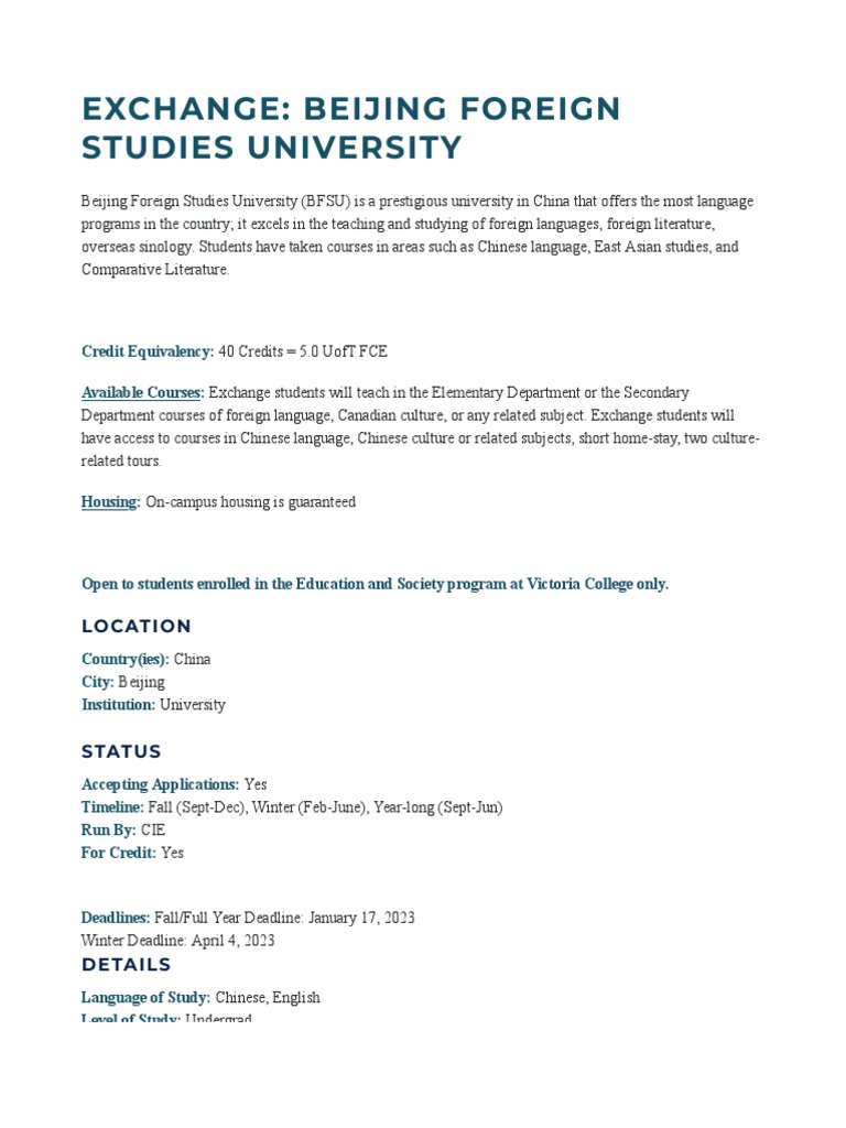 BFSU Exchange Program for UofT Students | PDF