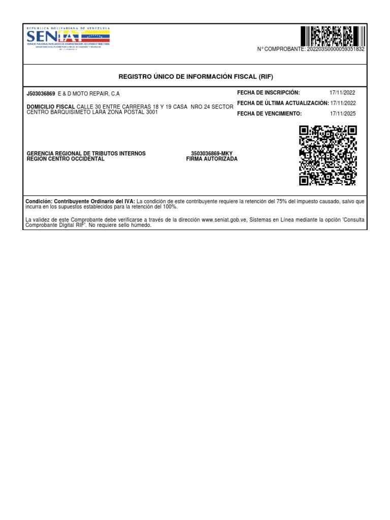 Comprobante RIF E&D Moto Repair | PDF
