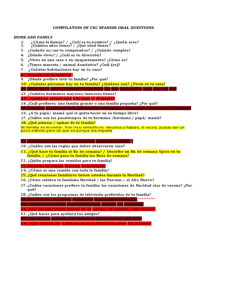 Compilation of CXC Spanish Oral Questions | PDF