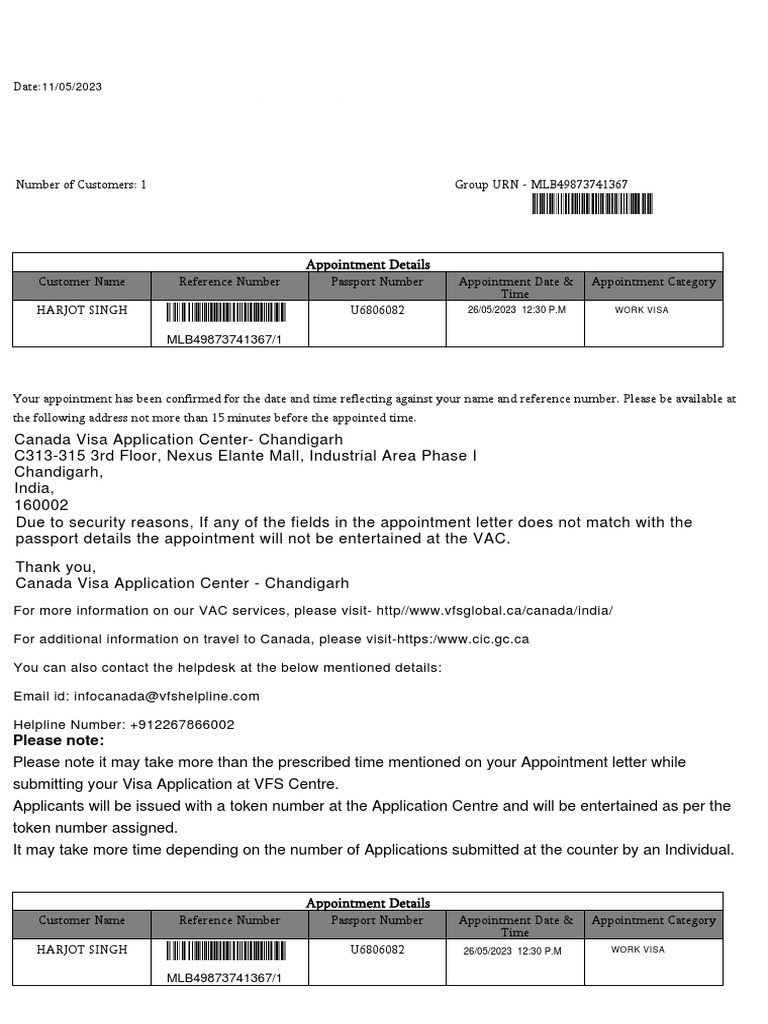 VFS Appointment Letter | PDF | Travel Visa | Occupational Safety And Health