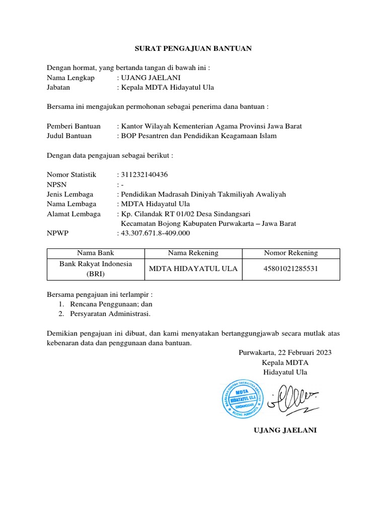 Surat Pengajuan Bantuan Bop 2023 | PDF